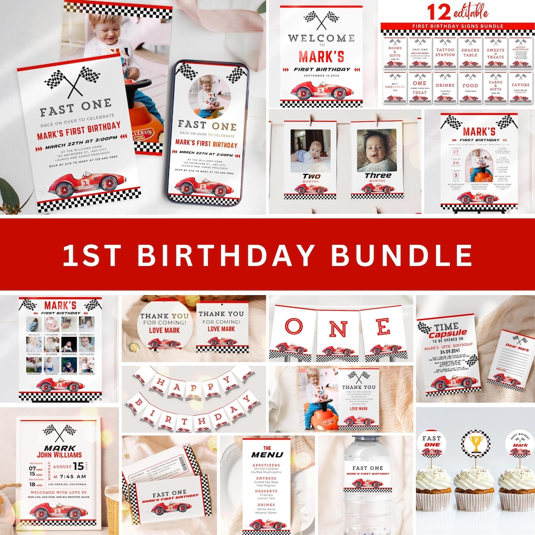 Editable Fast One Birthday Signs Bundle, Racing Party Signs Bundle ...