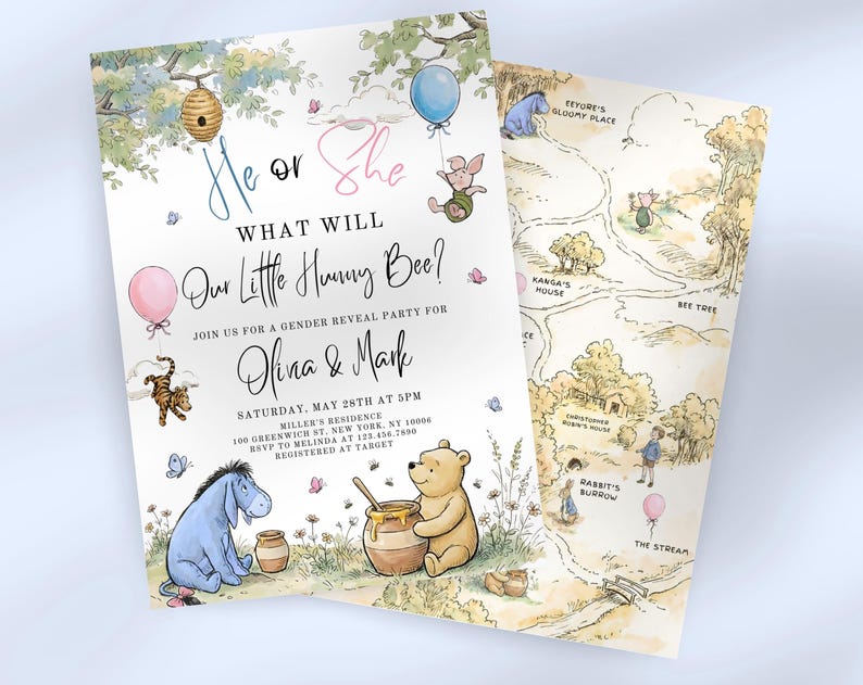 Winnie the Pooh Gender Reveal Invitation, Classic Pooh Baby Reveal ...
