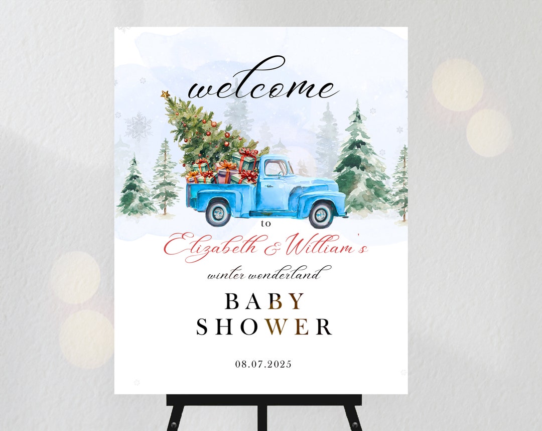 Panneau de bienvenue modifiable pour baby shower de Noël, camion bleu ...