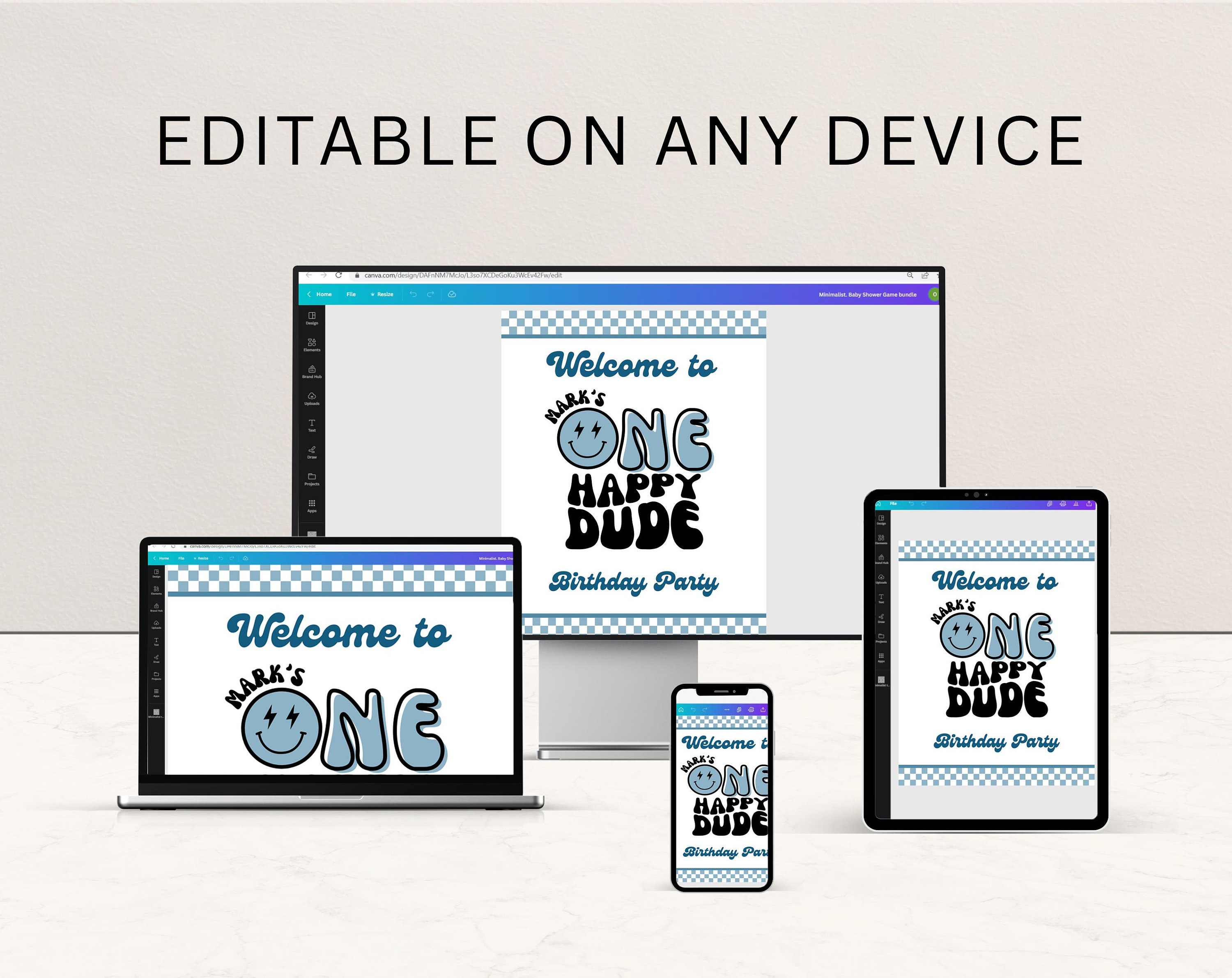 One Happy Dude Welcome Sign: Blue Birthday Decorations, Editable ...