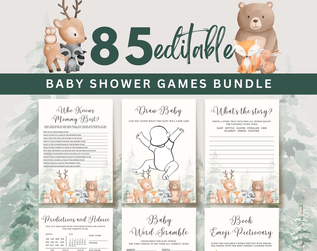 Woodland Animals Baby Shower Games Bundle: Editable Prints (digital ...