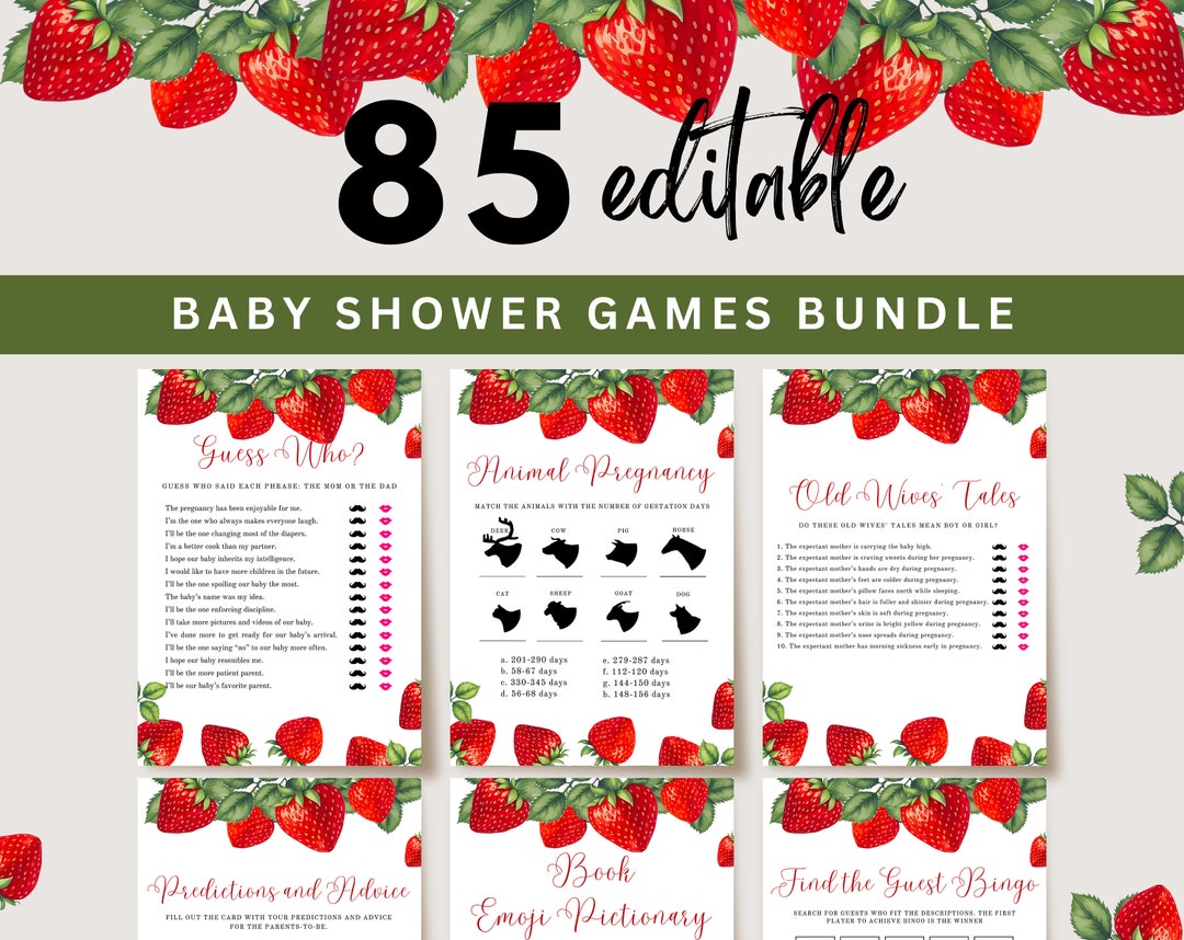 Editable Strawberry Baby Shower Games, Printable Baby Shower Games ...