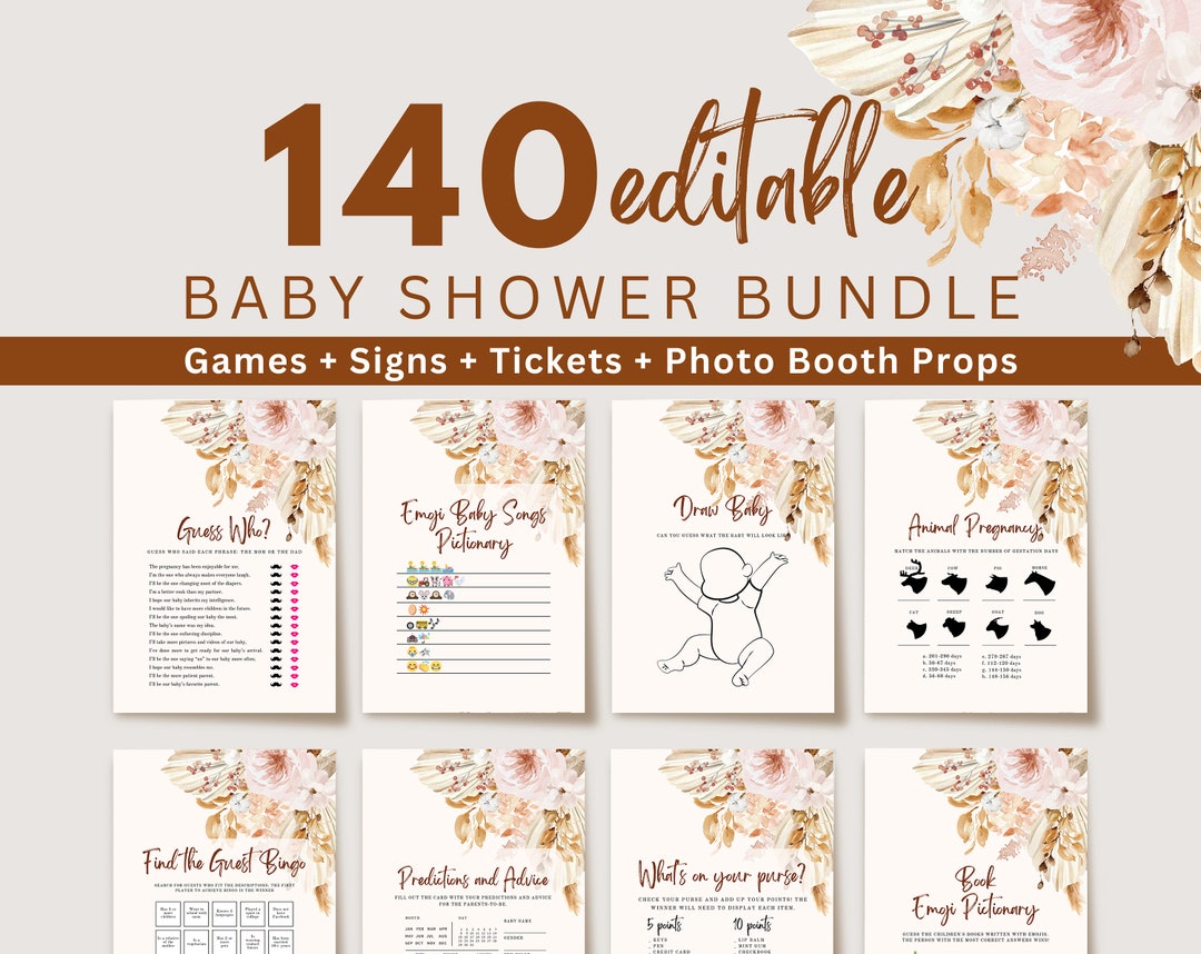 Pampas Grass Baby Shower Games Bundle: Editable Boho Printables ...