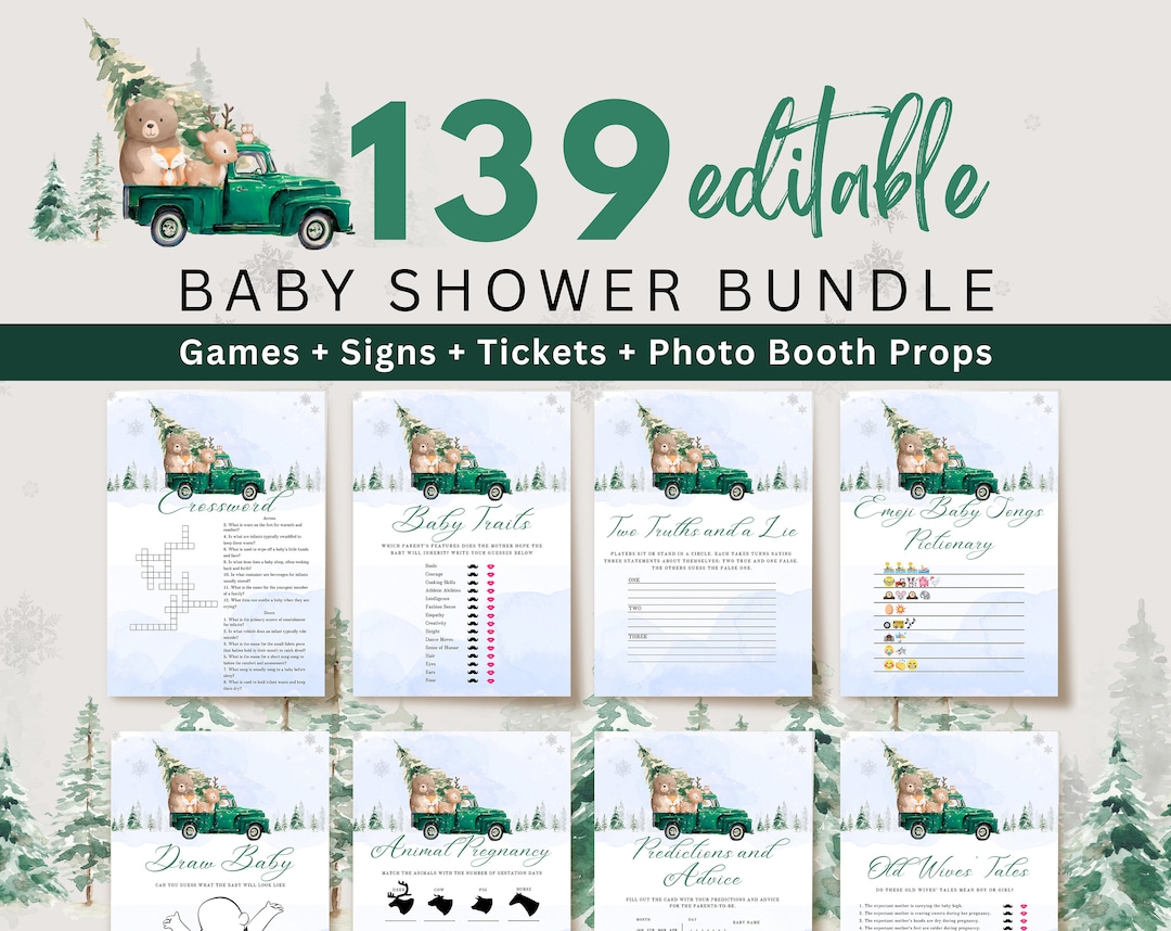 Editable Woodland Animals Christmas Baby Shower Games Bundle, Winter ...