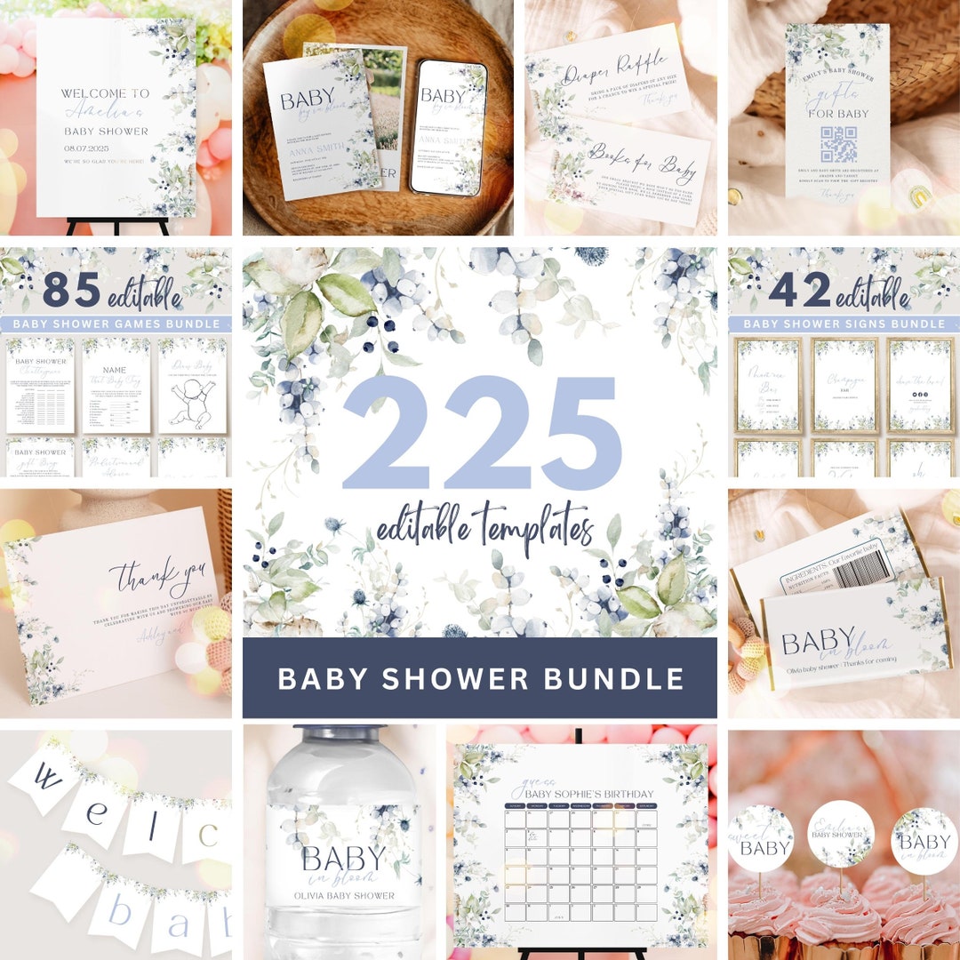 Dusty Blue Baby Shower Games Bundle, Dusty Blue Baby Shower Invitation ...