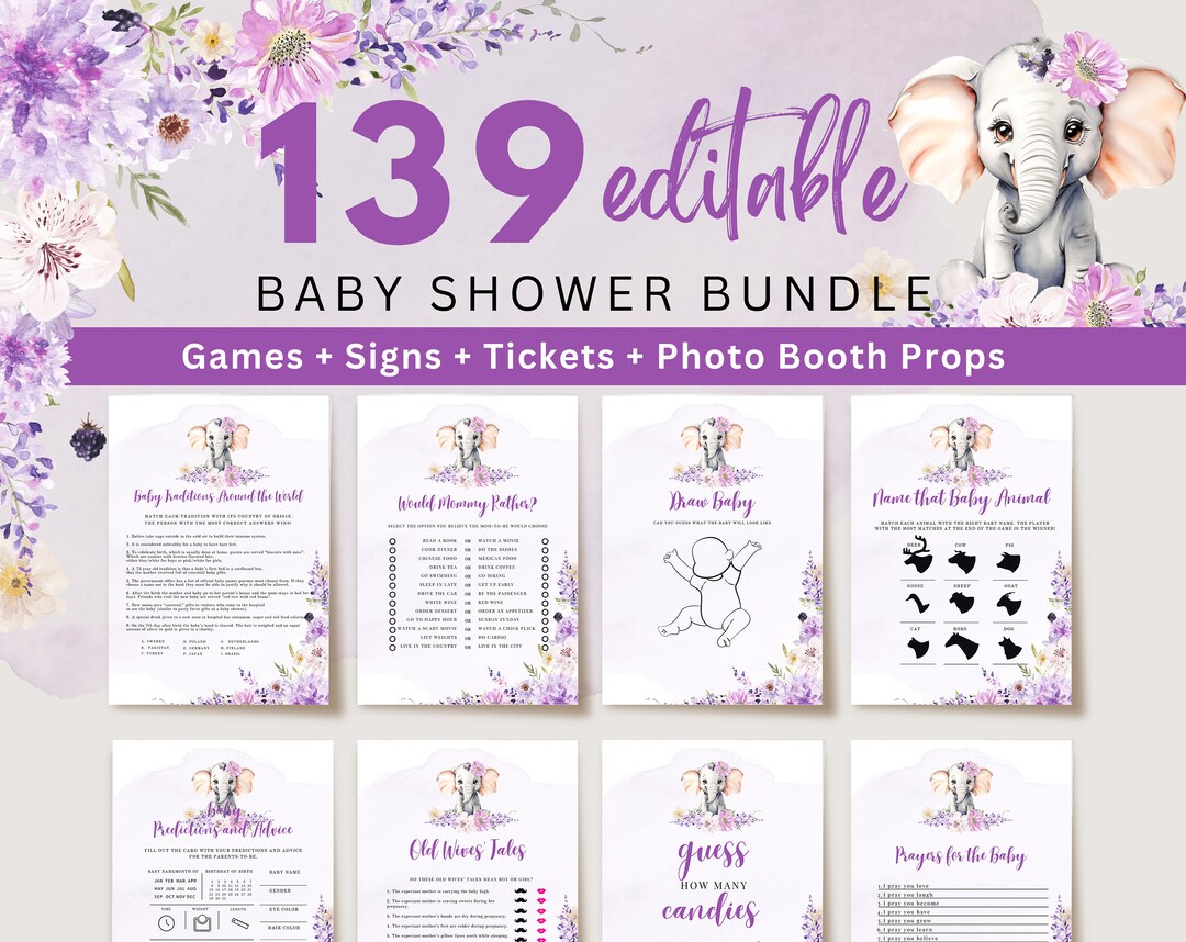 Purple Elephant Baby Shower Games Bundle: Floral Theme (printable) - Etsy