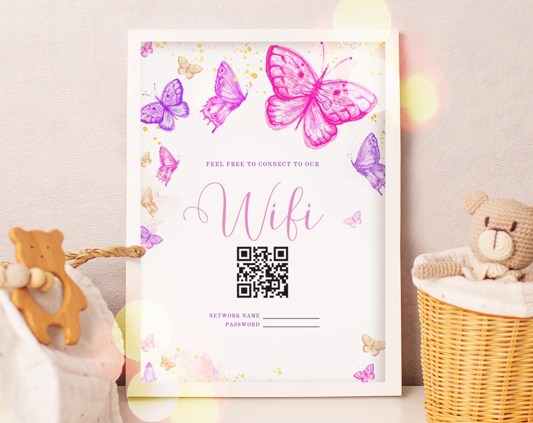 Butterfly Baby Shower Wifi QR Code Sign: Canva Template (5x7, 8x10 ...