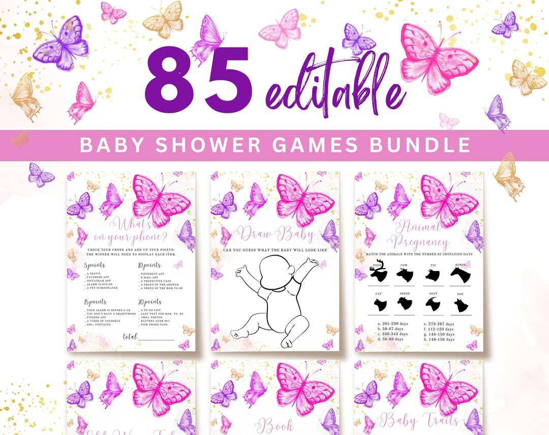 Butterfly Baby Shower Games Bundle, Pink and Purple Butterfly Baby ...