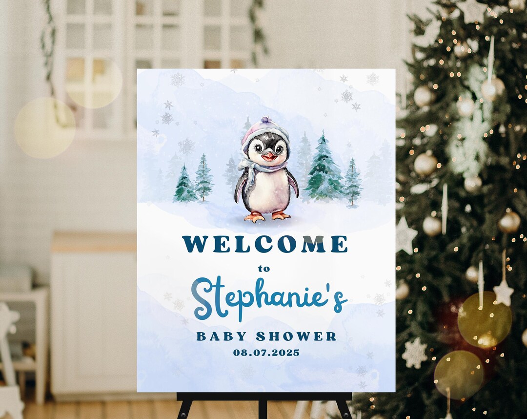 Editable Penguin Baby Shower Welcome Sign, Winter Woodland Animals Baby ...
