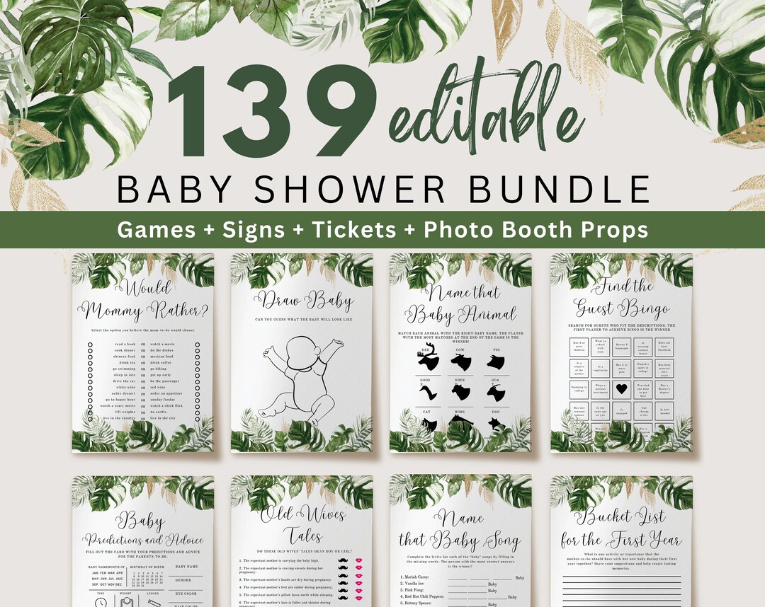 Tropical Baby Shower Games, Greenery and Gold Lush Printable Baby ...