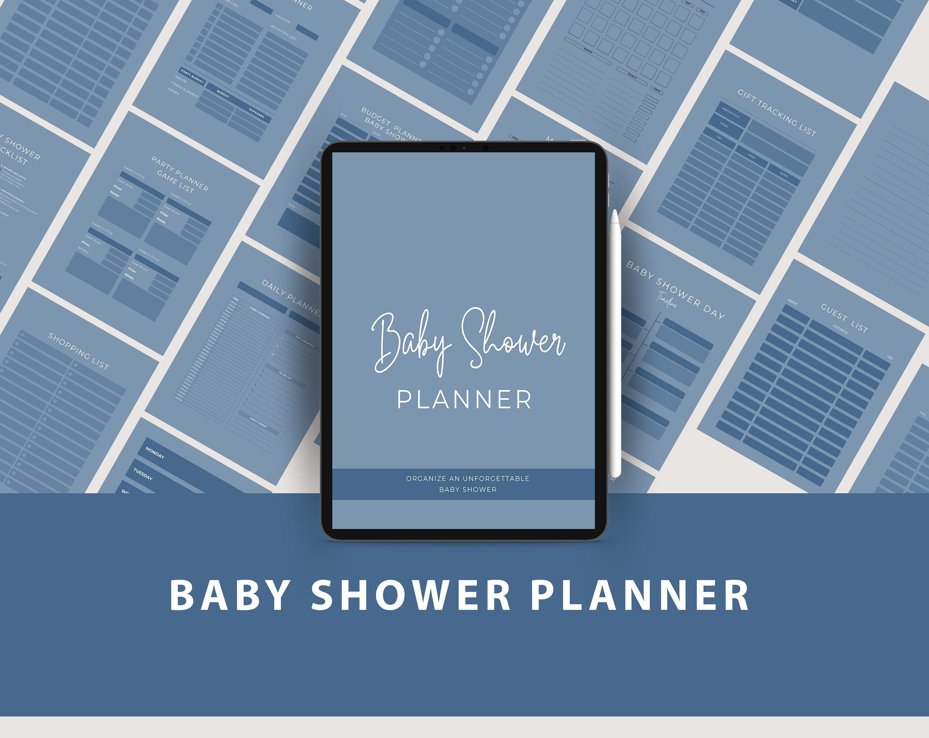 Planificador editable para baby shower en azul polvoriento, lista de ...