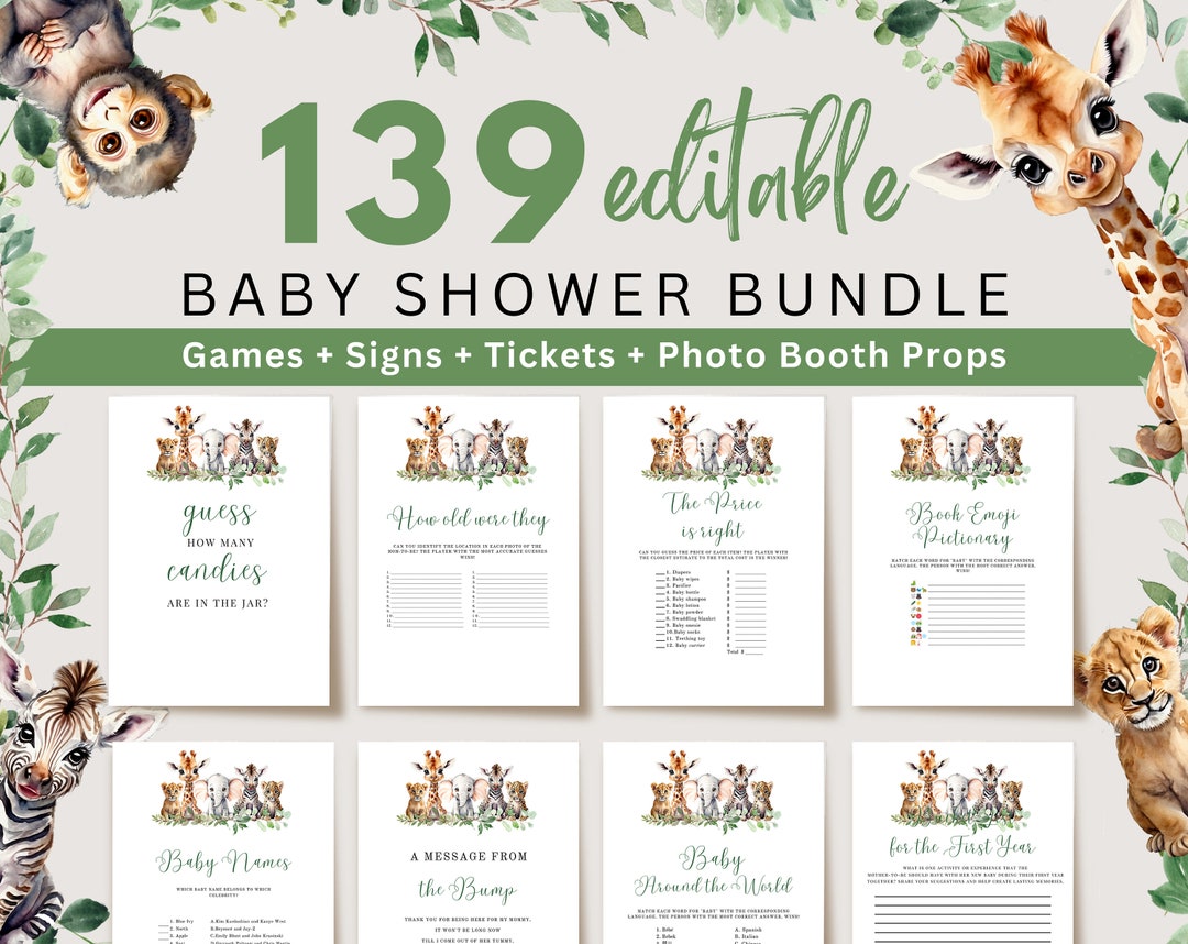 Editable Safari Jungle Baby Shower Games Bundle: Greenery Party Set ...