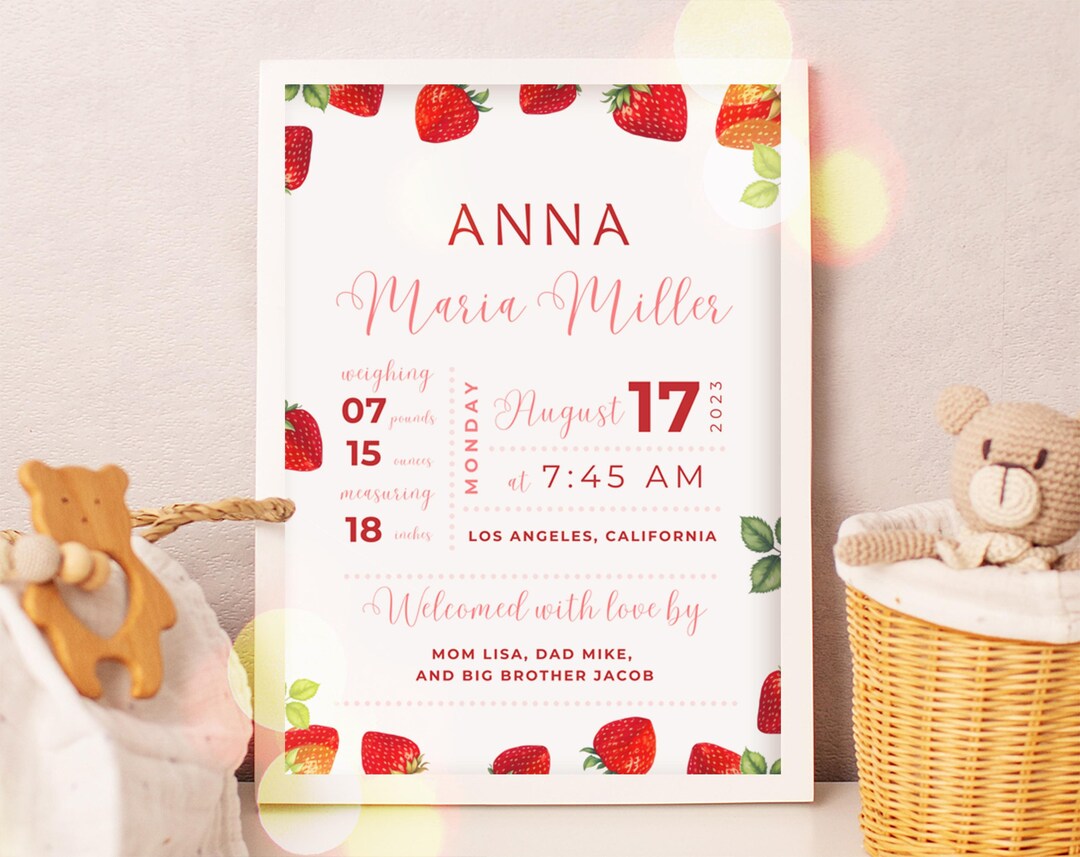 Editable Strawberry Birth Stats Sign – Berry First Birthday Baby Stats ...