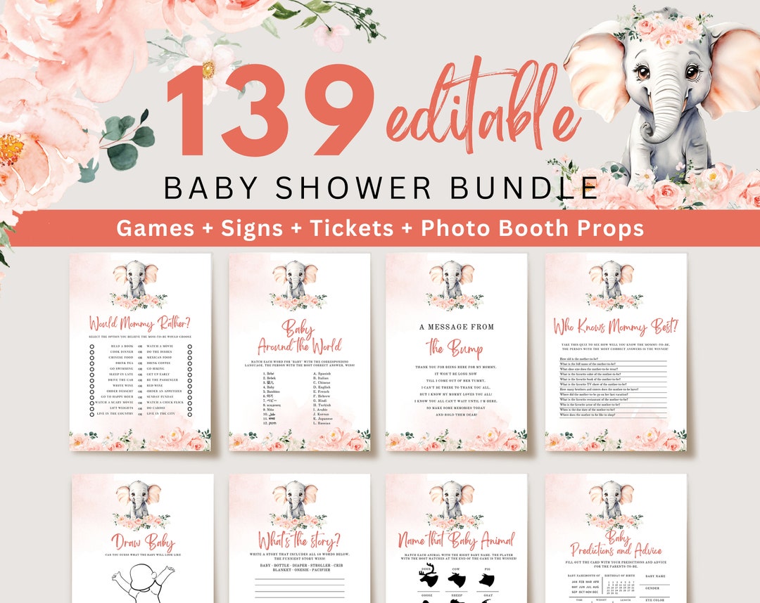 Editable Pink Elephant Baby Shower Games, Girl Baby Shower Bundle, Pink ...