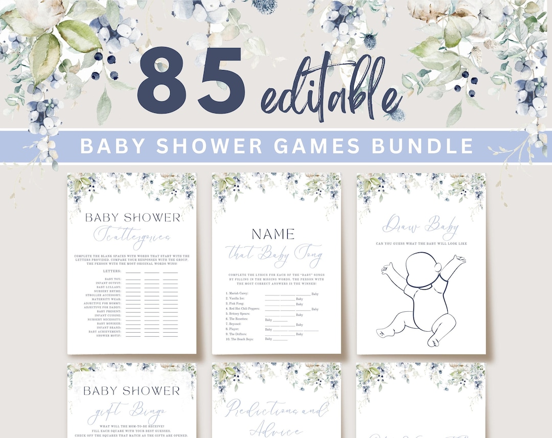 Dusty Blue Baby Shower Games Bundle, Baby in Bloom Baby Shower Template ...