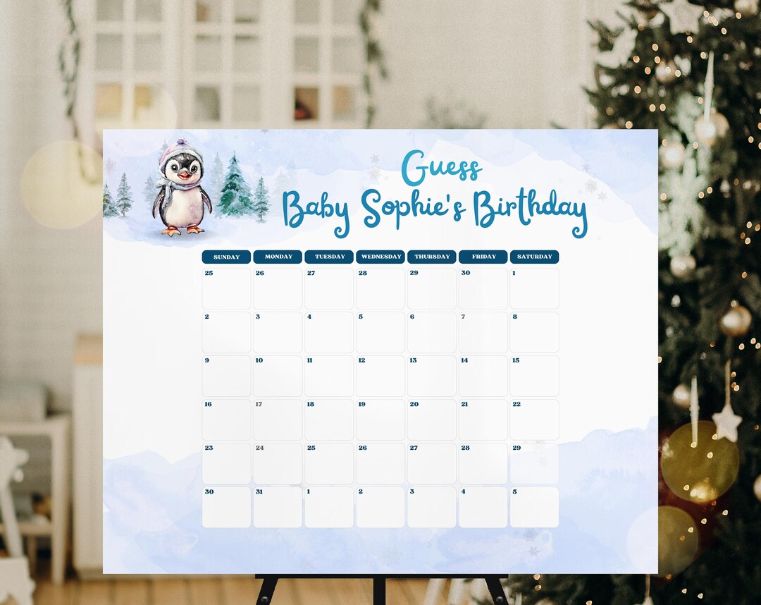 Editable Penguin Baby Shower Guess Baby's Due Date, Winter Woodland ...