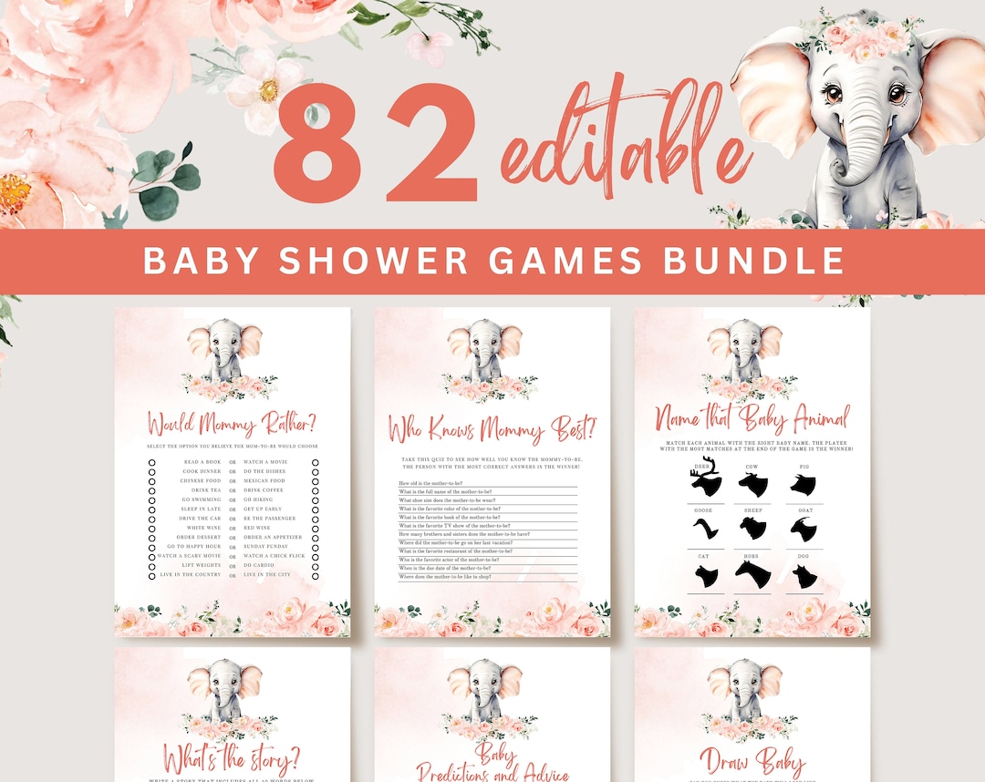 Elephant Baby Shower Games Bundle: Pink Floral, Editable (digital ...