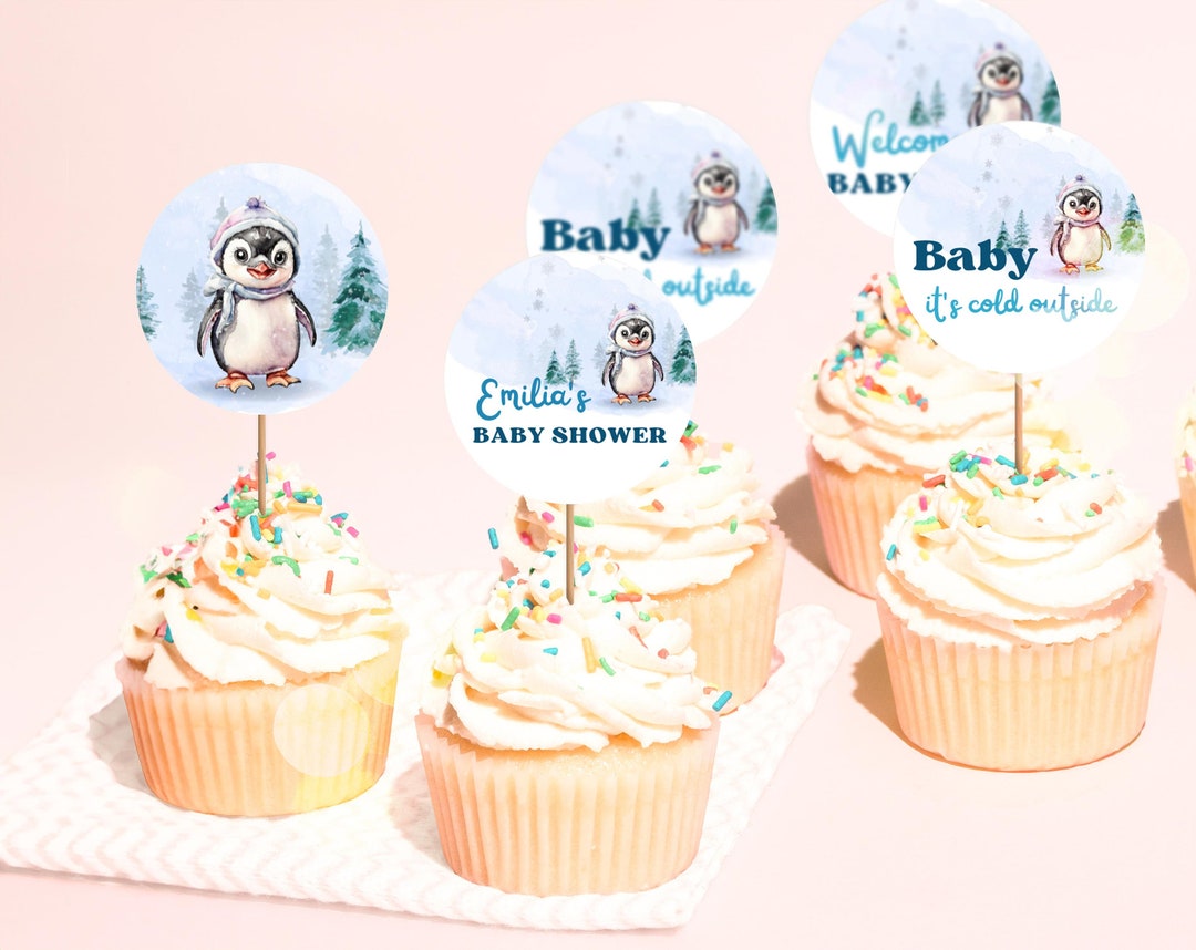 Editable Penguin Baby Shower Cupcake Toppers, Winter Woodland Baby ...