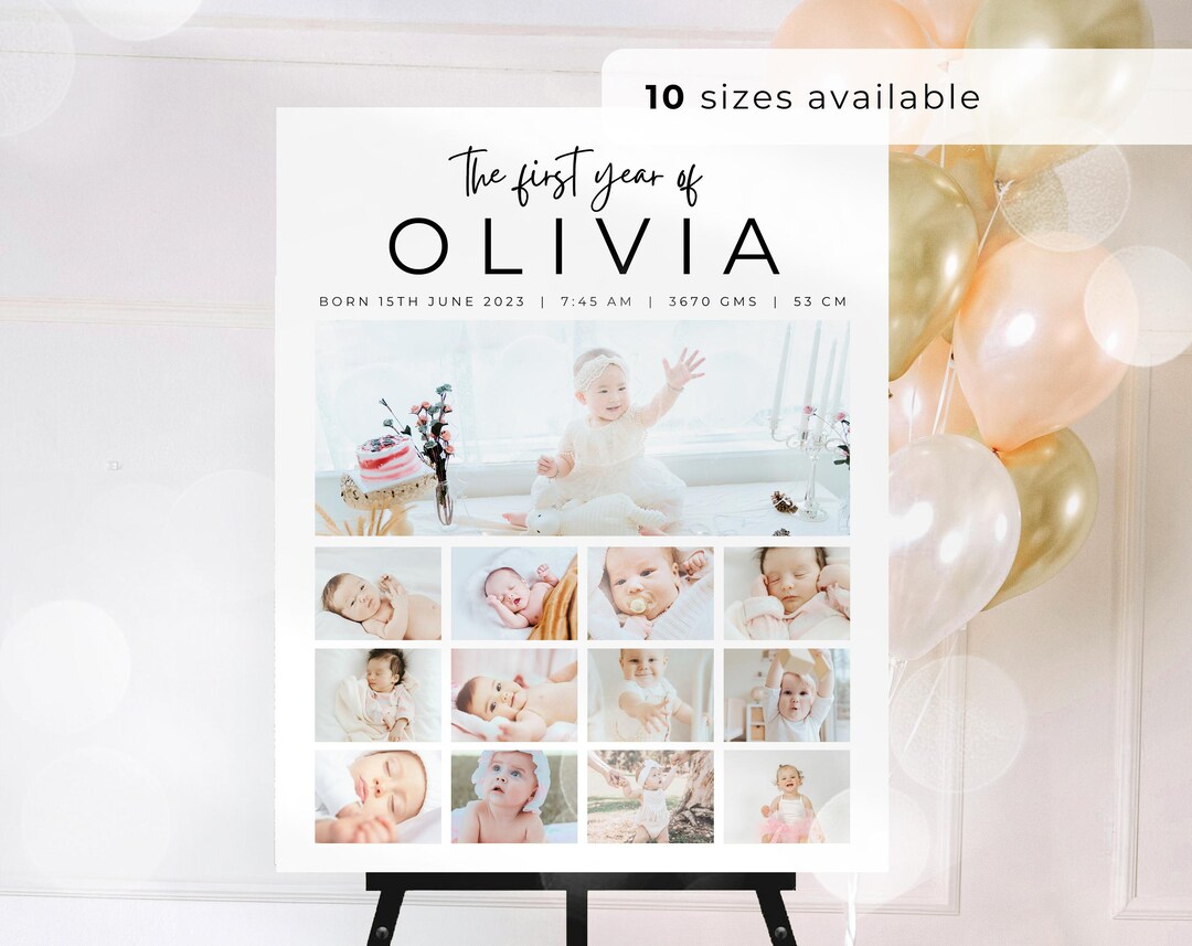 Editable First Year Photo Collage, Modern 1st Birthday Baby Milestone ...
