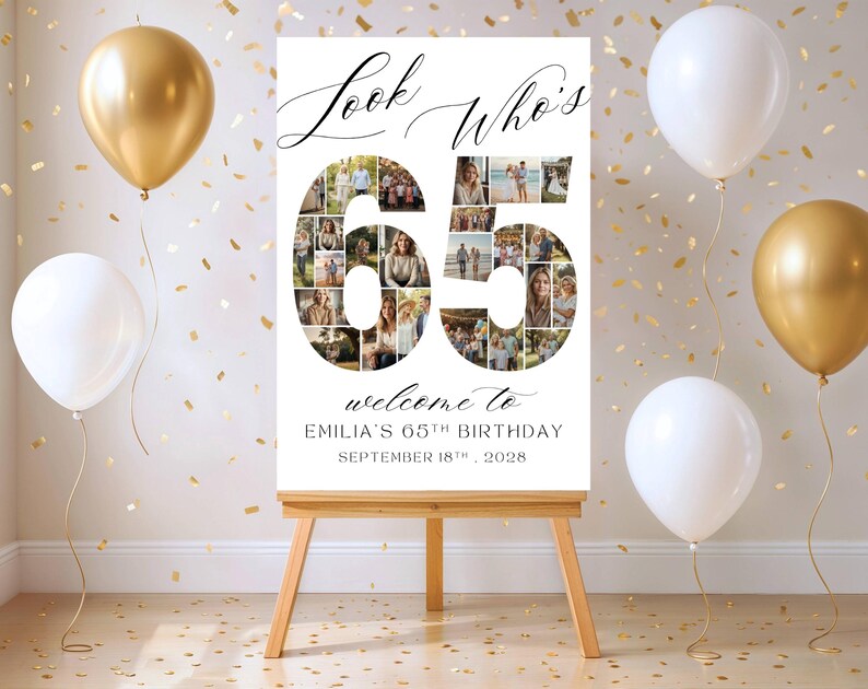 65th Birthday Photo Collage Template – Editable Party Welcome Sign ...