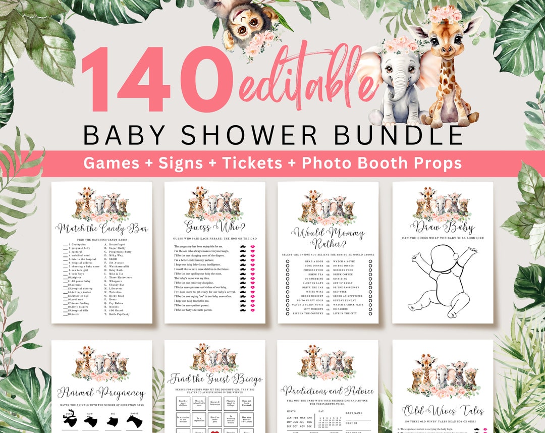 Girl Safari Baby Shower Games Bundle, Pink Floral Theme (editable ...