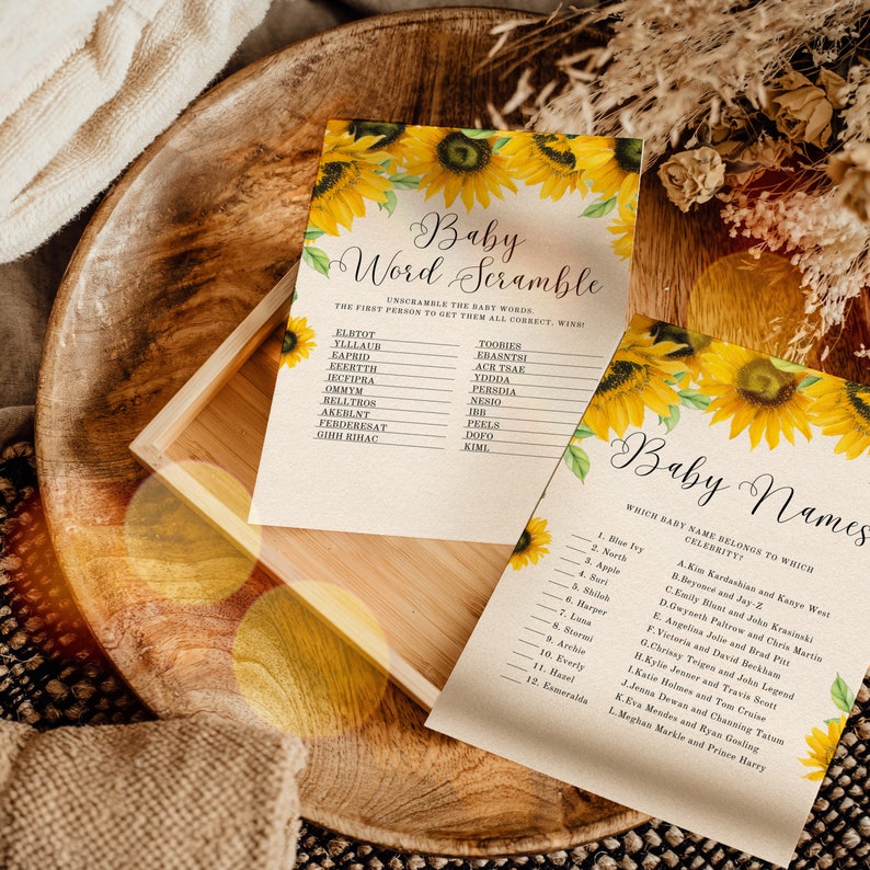 Sunflower Baby Shower Game Bundle: Editable Rustic Printable (digital ...