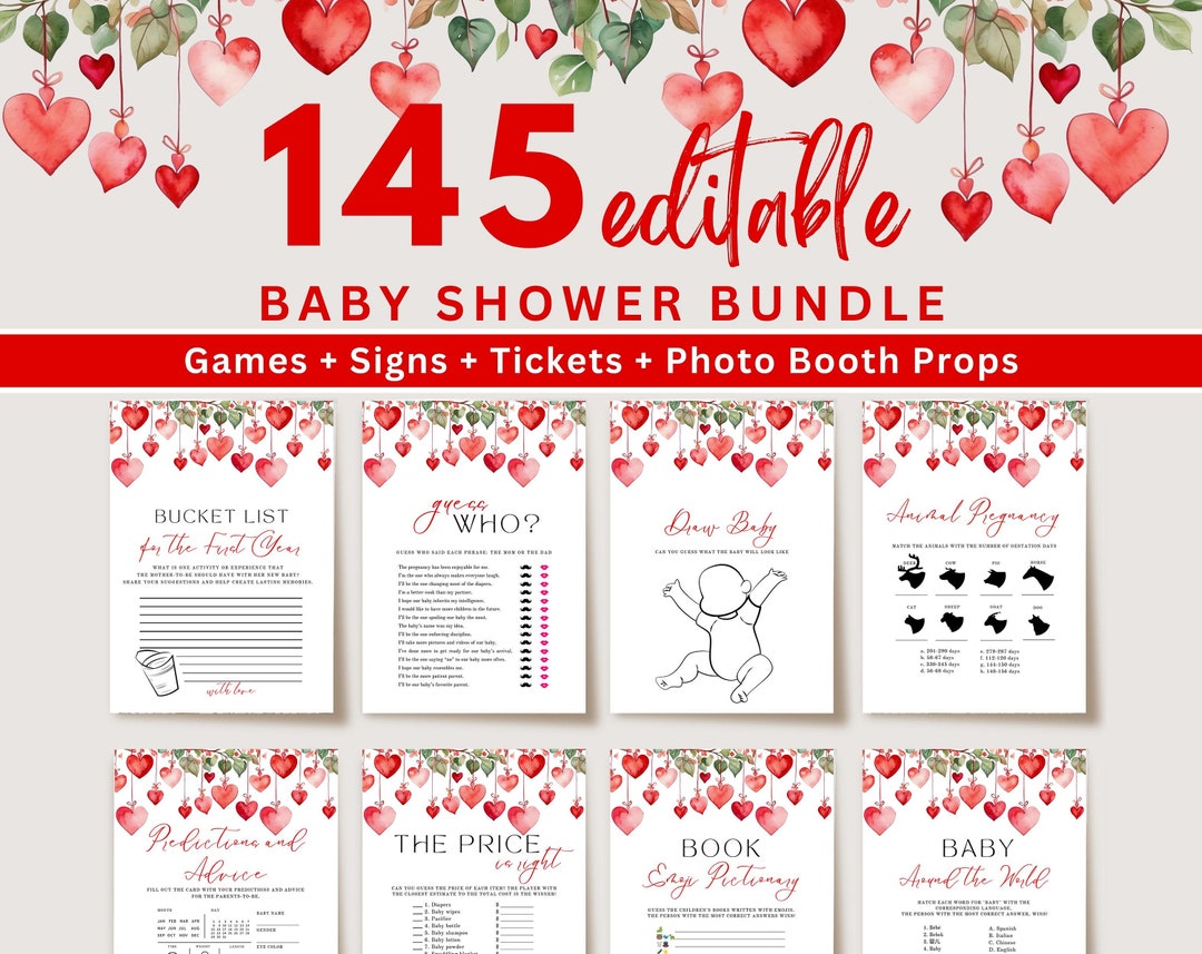 Valentines Baby Shower Games Bundle, Pink Hearts on a Branch Baby ...
