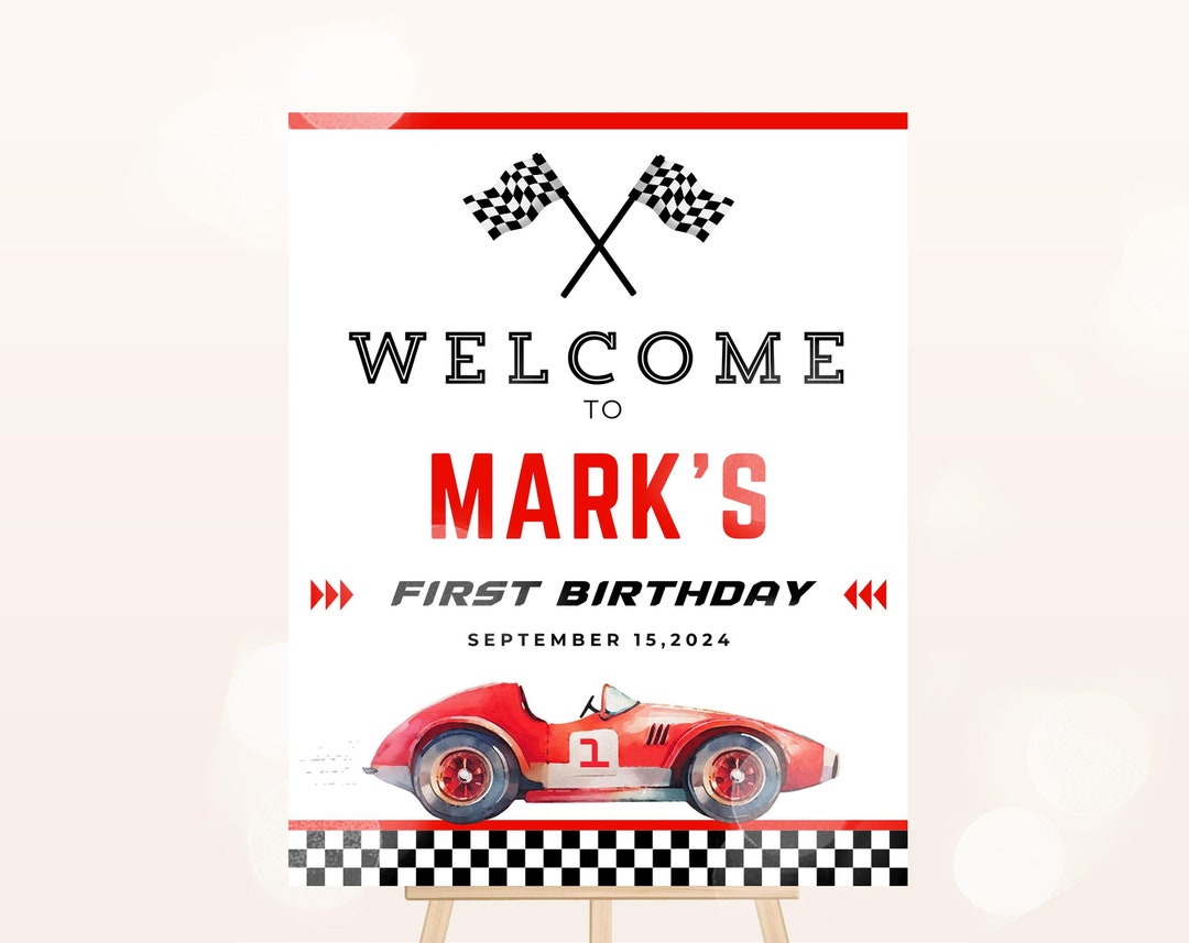 Editable Race Car Birthday Welcome Sign, Fast One Retro Car Welcome ...