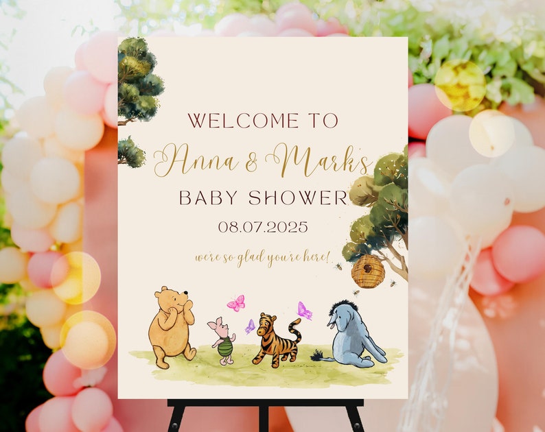Winnie the Pooh Baby Shower Welcome Sign: Editable Canva Template - Etsy