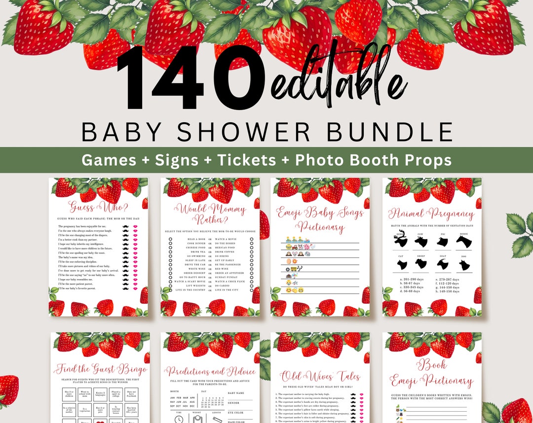 Strawberry Baby Shower Games Bundle: Printable Signs, Tickets, Photo ...
