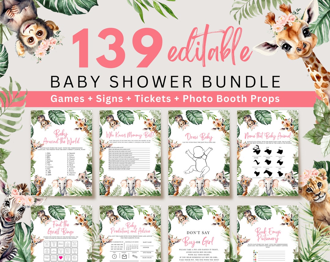 Editable Safari Baby Shower Games Bundle: Jungle Animals for Girls ...