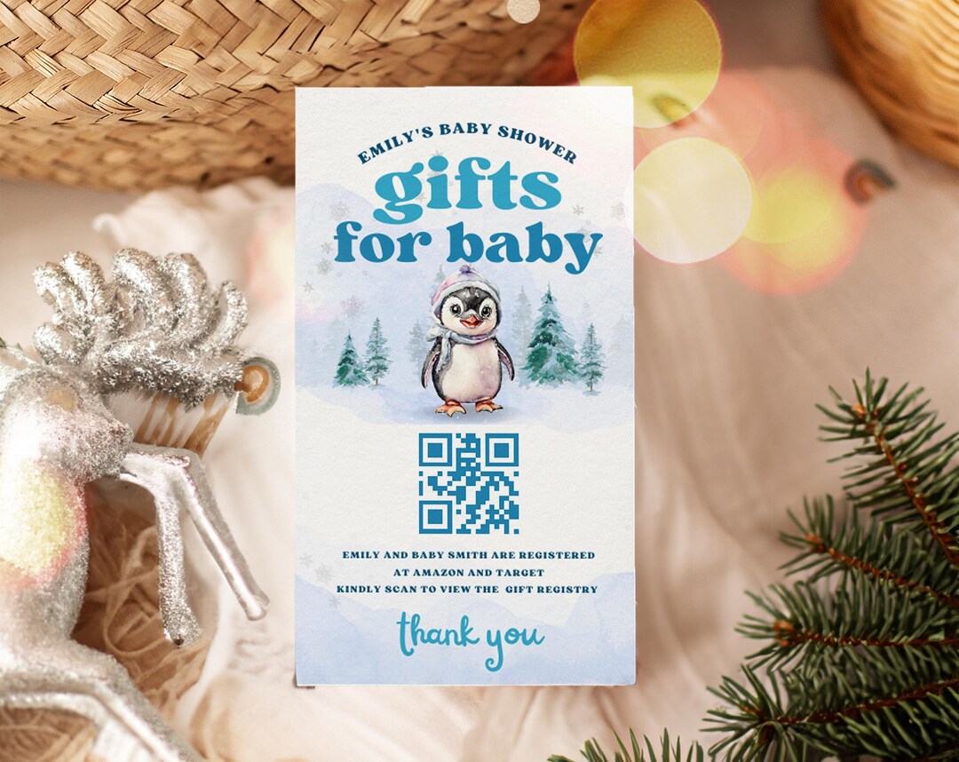 Editable Penguin QR Code Gift Baby Shower Template, Winter Woodland ...