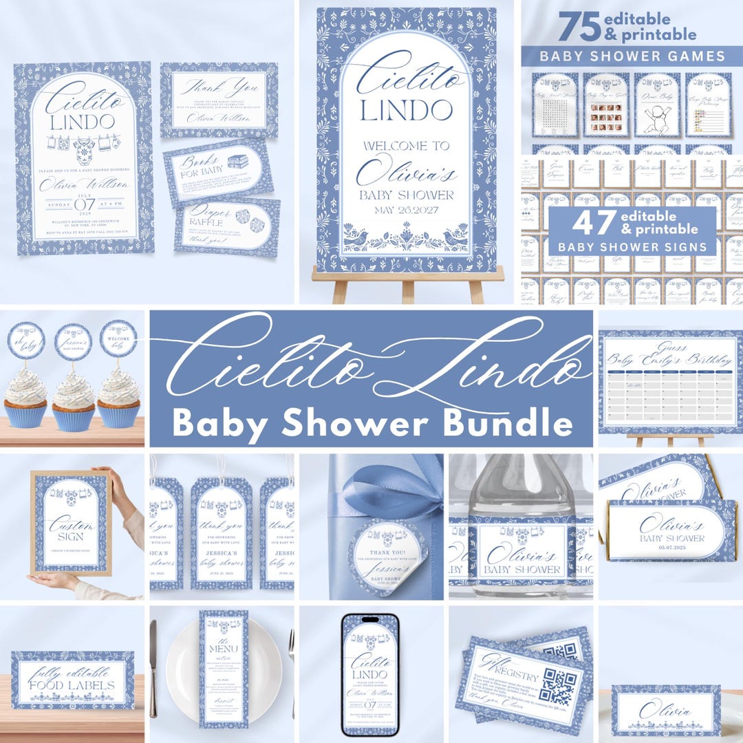Cielito Lindo Baby Shower Games - Blue Papel Picado Editable Games and ...