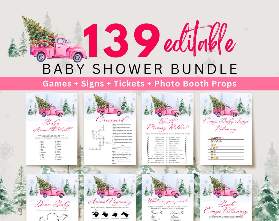 Editable Christmas Baby Shower Games Bundle, Pink Truck With Christmas ...