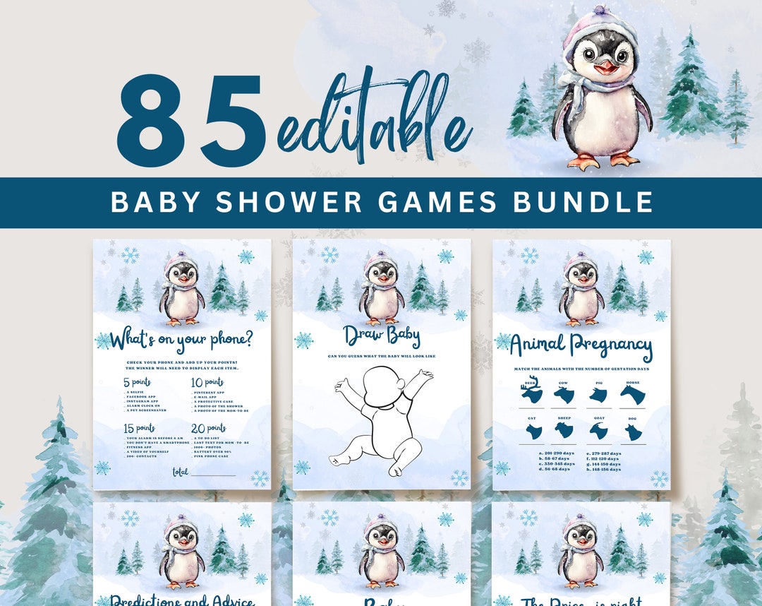 Penguin Baby Shower Games, Editable Winter Woodland Baby Shower Games ...