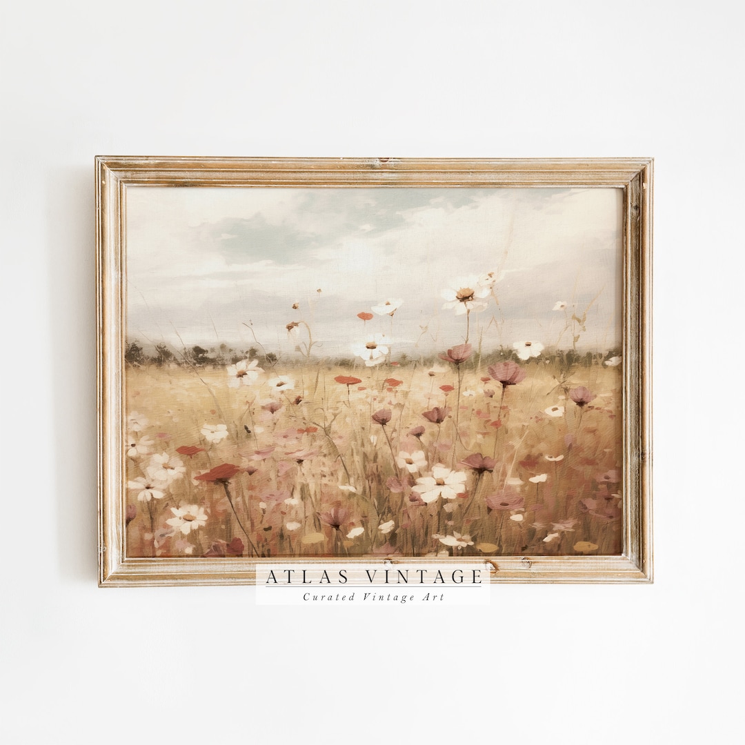 Vintage Floral Spring Print, Landscape Flower Meadow Oil Painting ...