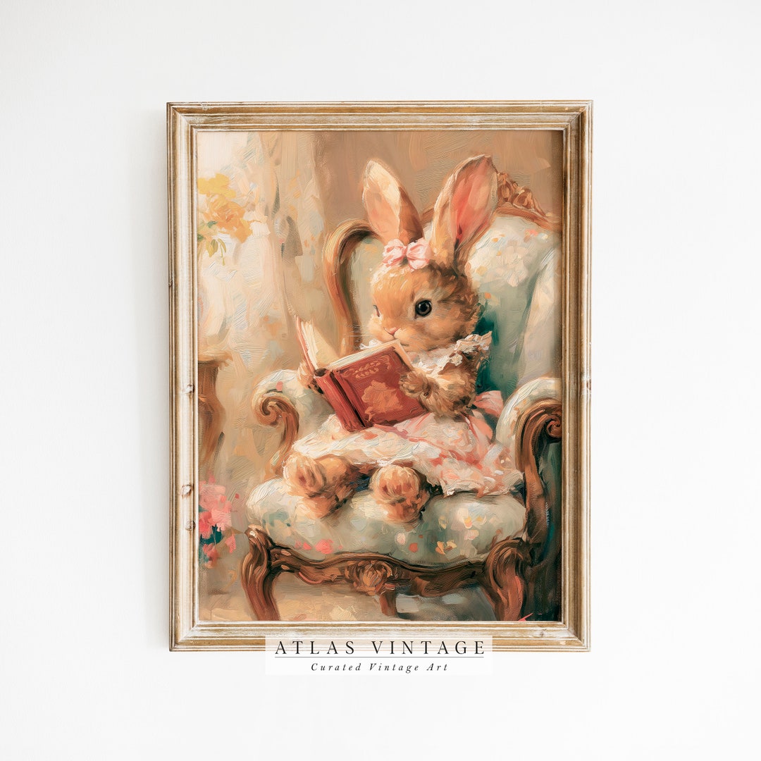Easter Bunny Reading a Book Print, Vintage Spring Rabbit Printable Wall ...