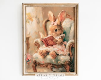 Easter Bunny Reading a Book Print, Vintage Spring Rabbit Printable Wall ...