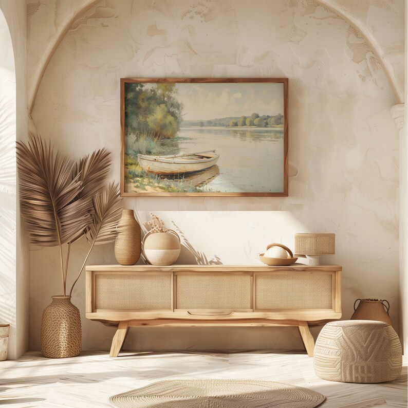Vintage Boat Scenery Painting | Summer Lake Nautical Art (digital ...