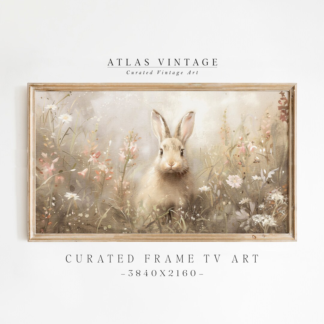 Easter Bunny Frame Tv Art, Spring Rabbit Painting, Vintage Spring Decor ...