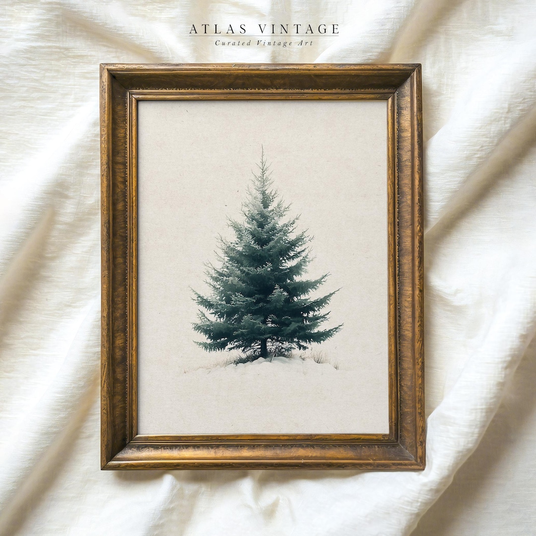 Vintage Winter Evergreen Tree Print, Antique Tree Painting, Neutral ...