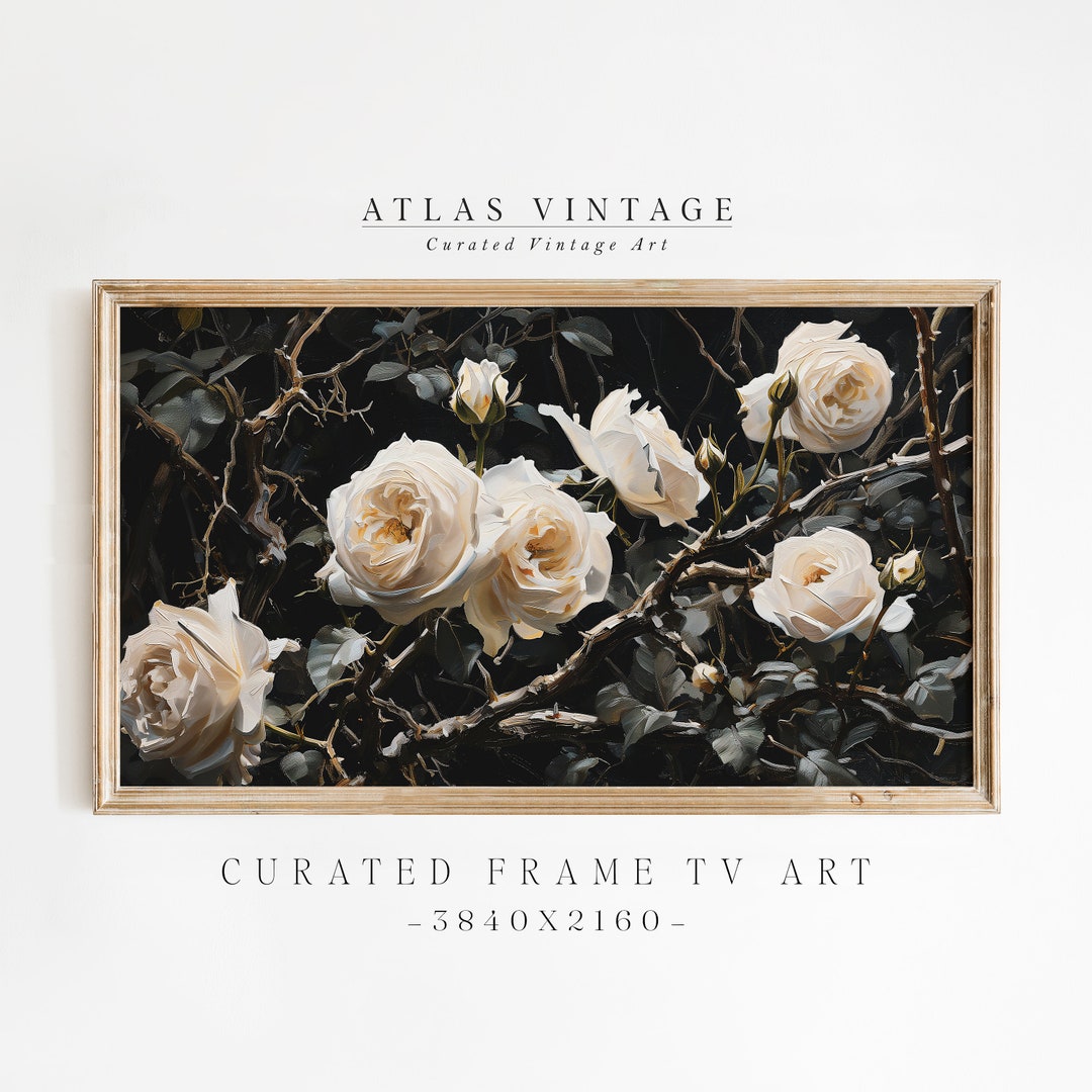 Beige Roses Flowers Frame TV Art, Vintage Valentines Day Floral Oil ...