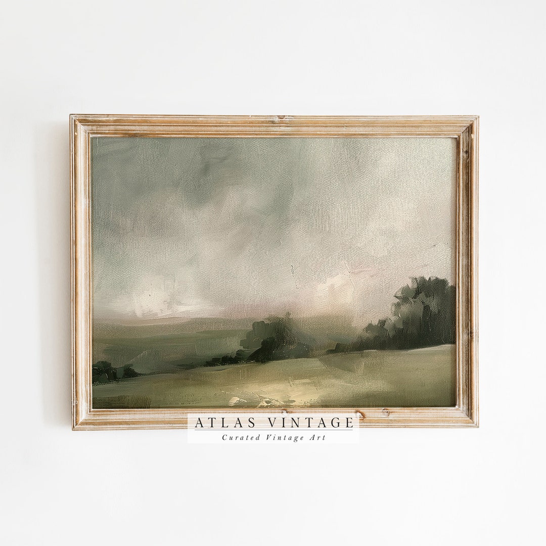 Vintage Dark Green Landscape Print, Earthy Rustic Field (digital ...