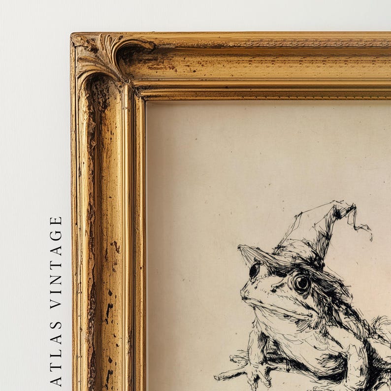 Vintage Frog Witch Hat Ink Sketch, Halloween Gothic Decor (digital ...