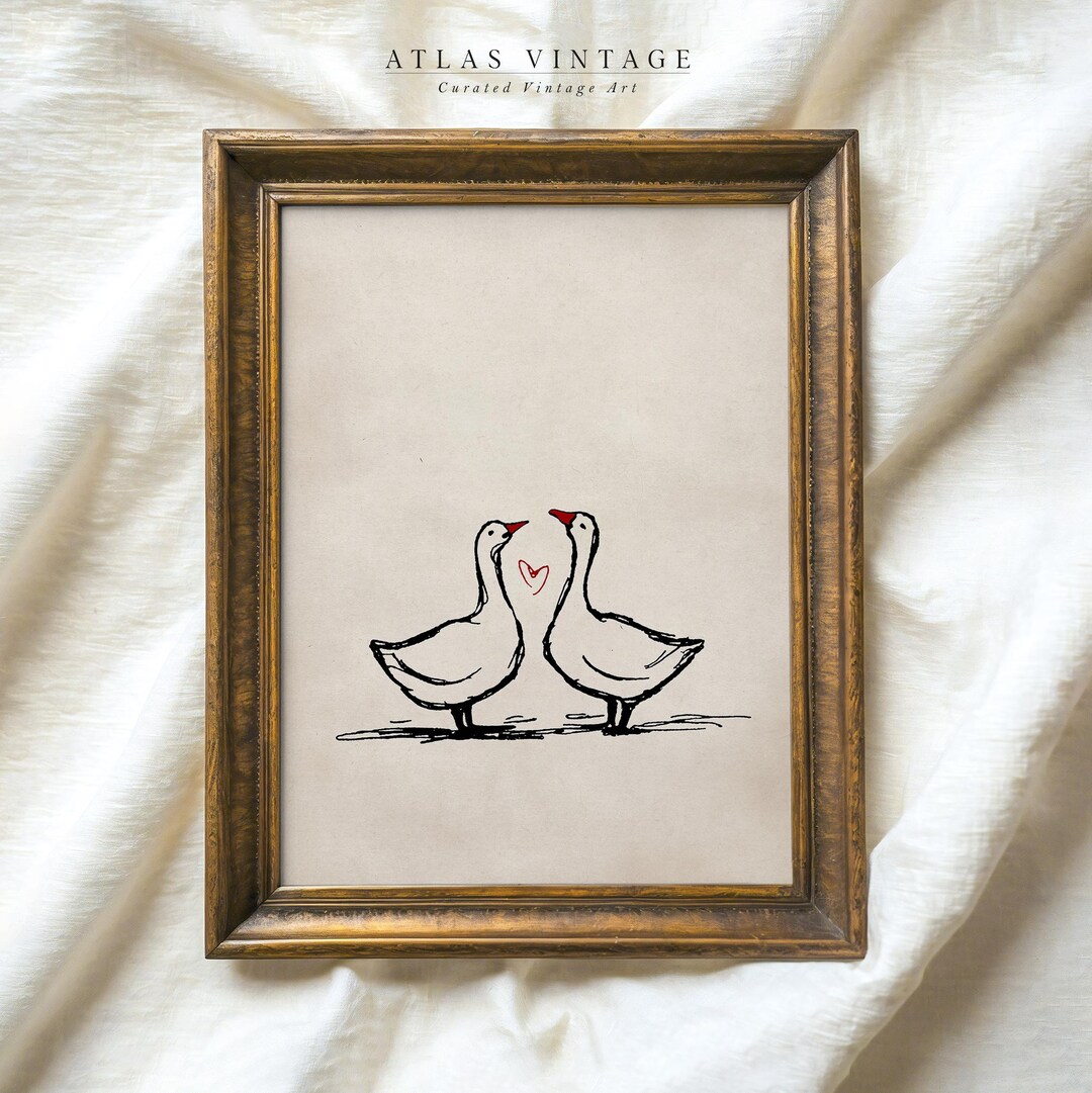 Valentine Goose Couple Ink Drawing Print, Romantic Minimalist Sketch ...