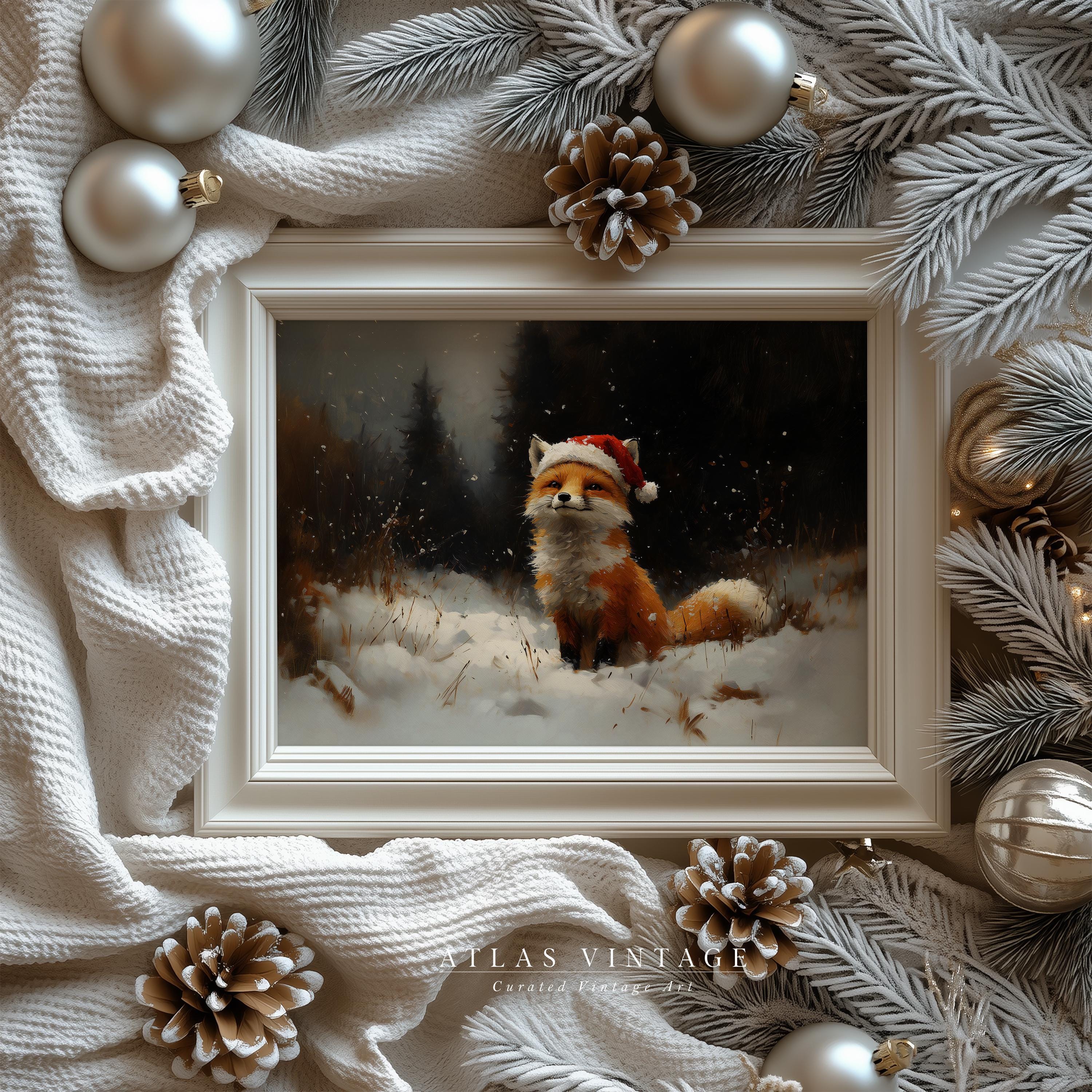 Cute Fox in Santa Hat Painting Xmas Print, Vintage Fox Oil Painting ...