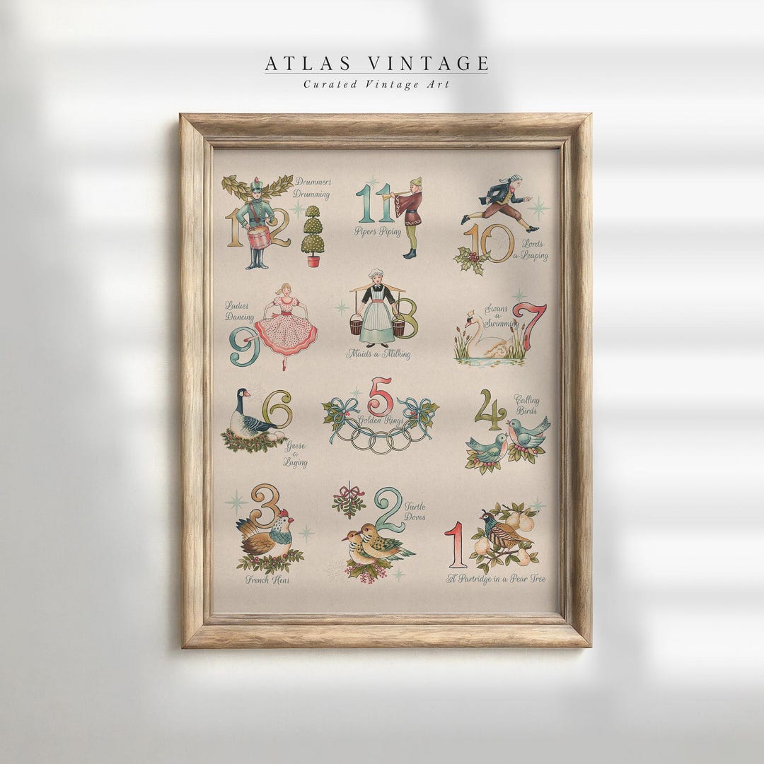 Vintage Christmas Painting Print, 12 Days of Christmas Printable Art ...