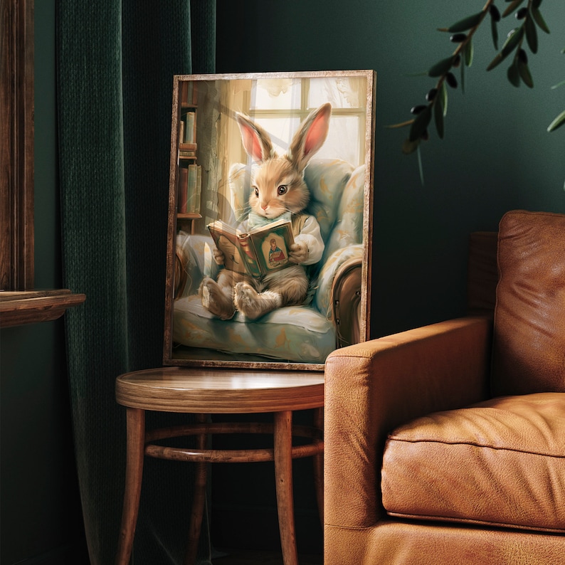 Easter Bunny Reading a Book Print, Vintage Spring Rabbit Printable Wall ...