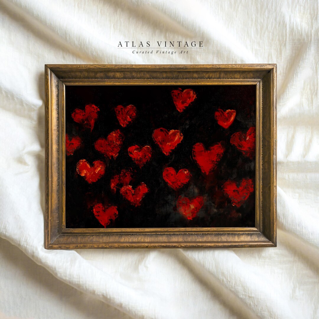 Vintage Black & Red Heart Print, Dark Valentines Day Heart Painting ...