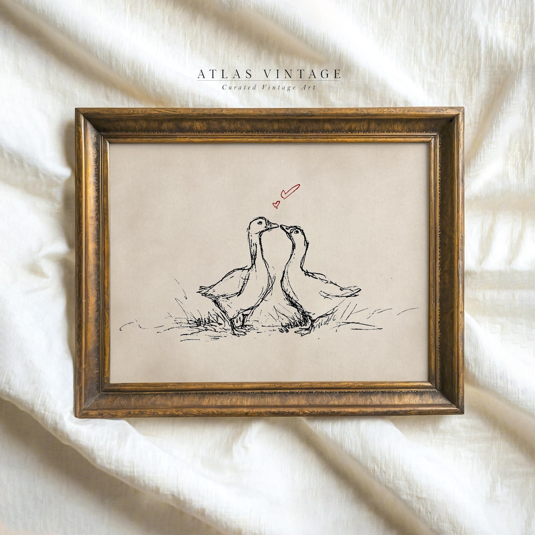 Valentine Goose Couple Ink Drawing Print, Romantic Minimalist Sketch ...